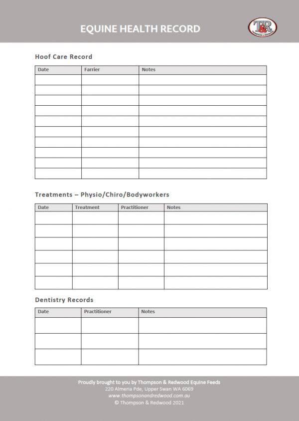 FREE PRINTABLE EQUINE HEALTH RECORD Thompson and Redwood